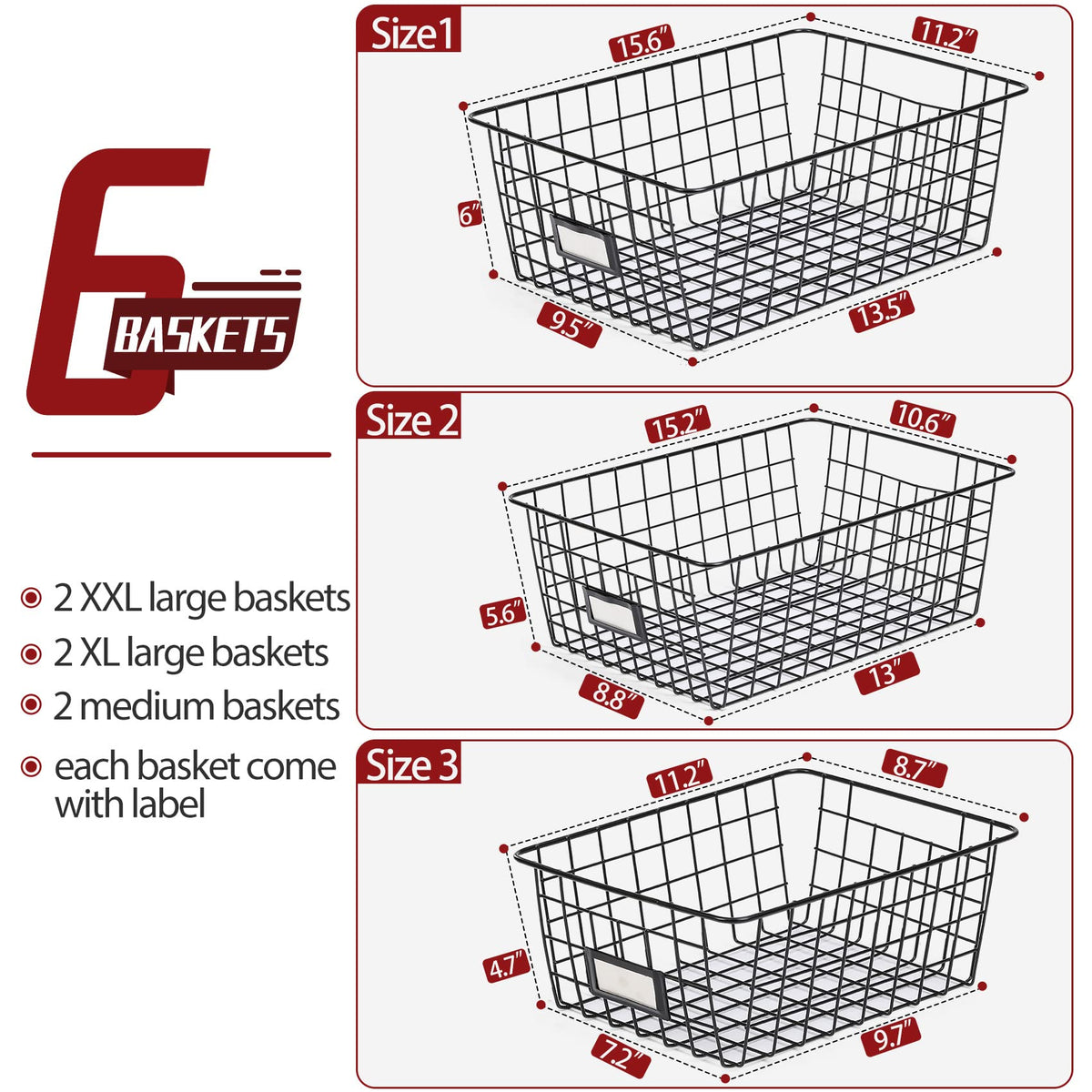 6 Pack [ Extra Large ] Wire Storage Baskets for Organizing with Lables ...