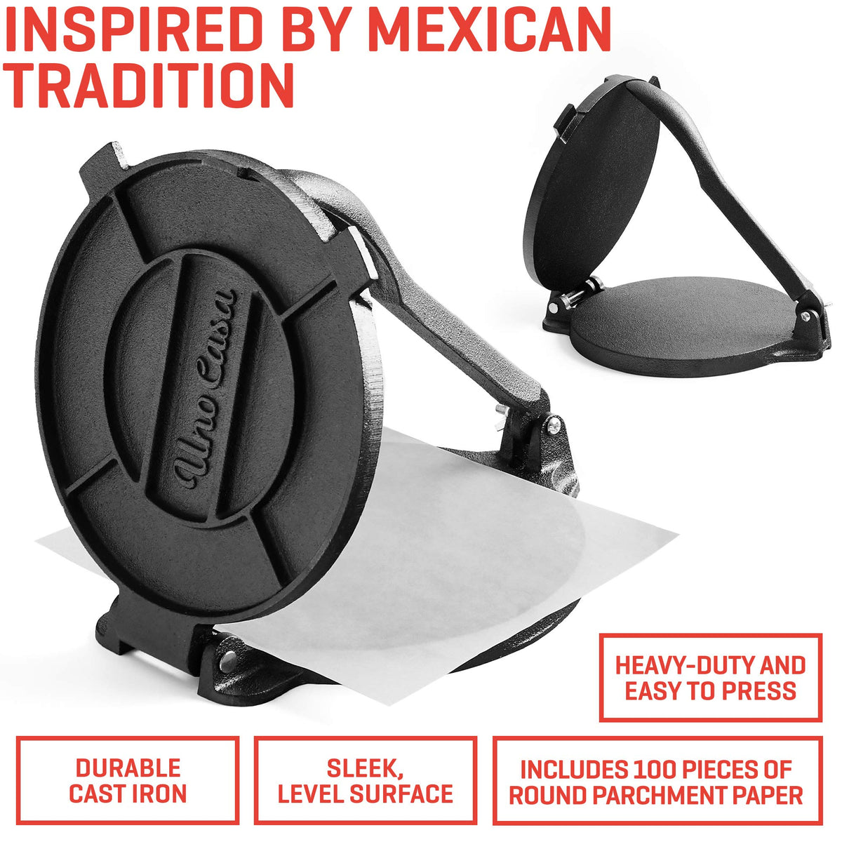 Uno Casa Cast Iron Tortilla Press 8 Inch with Comal Pan - Roti Skillet ...