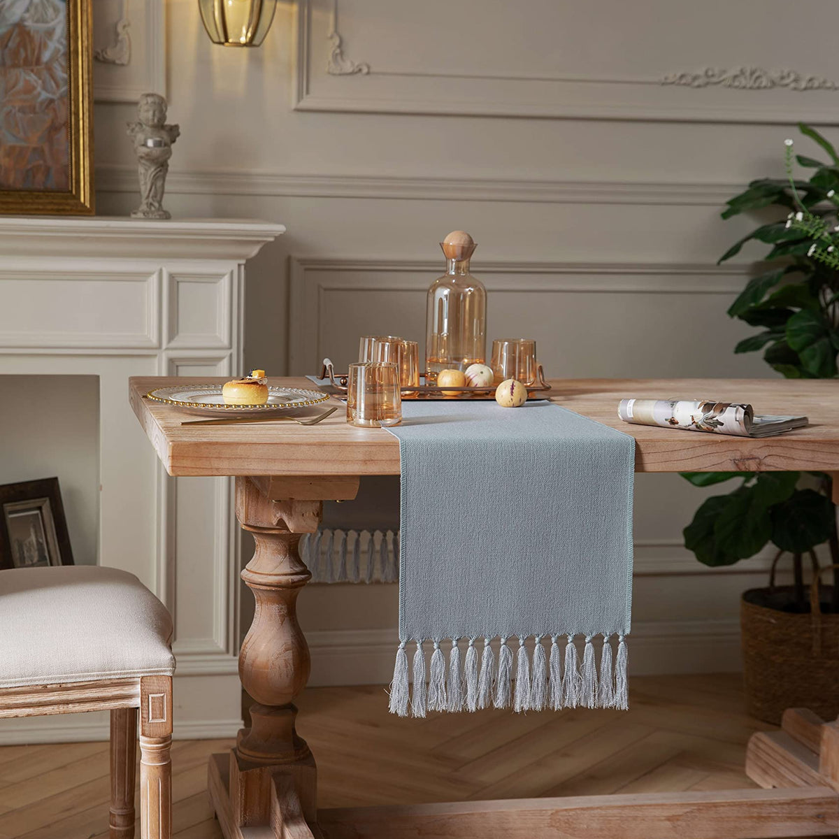 Zeemart Dusty Blue Table Runners 108 Inches Long, Burlap Linen Style R ...