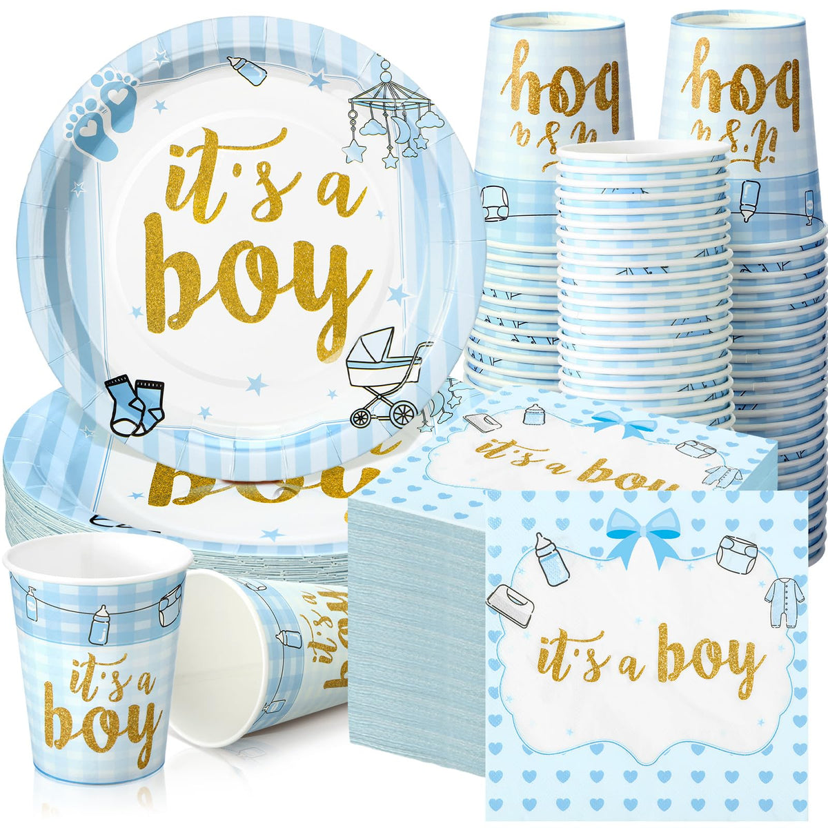 200 Pcs Blue Baby Shower Paper Plates Napkins Cups Boy Baby Shower Par ...
