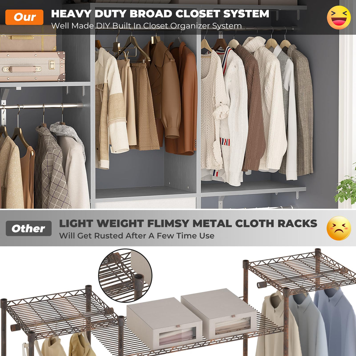 Armocity 5Ft Small Closet System With 3 Fabric Drawers, 60 Inches Walk ...