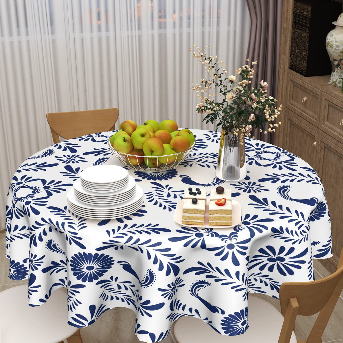 Cafl Round Tablecloth Blue And White Porcelain Floral Mexican Talavera ...