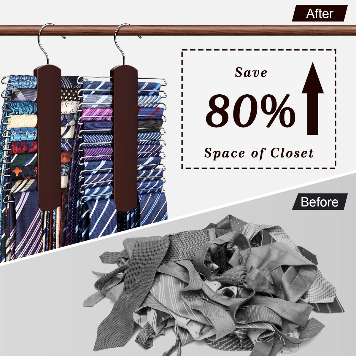 2 Pack Tie Rack For Closet, Premium Wooden Necktie Organizer Storage T ...