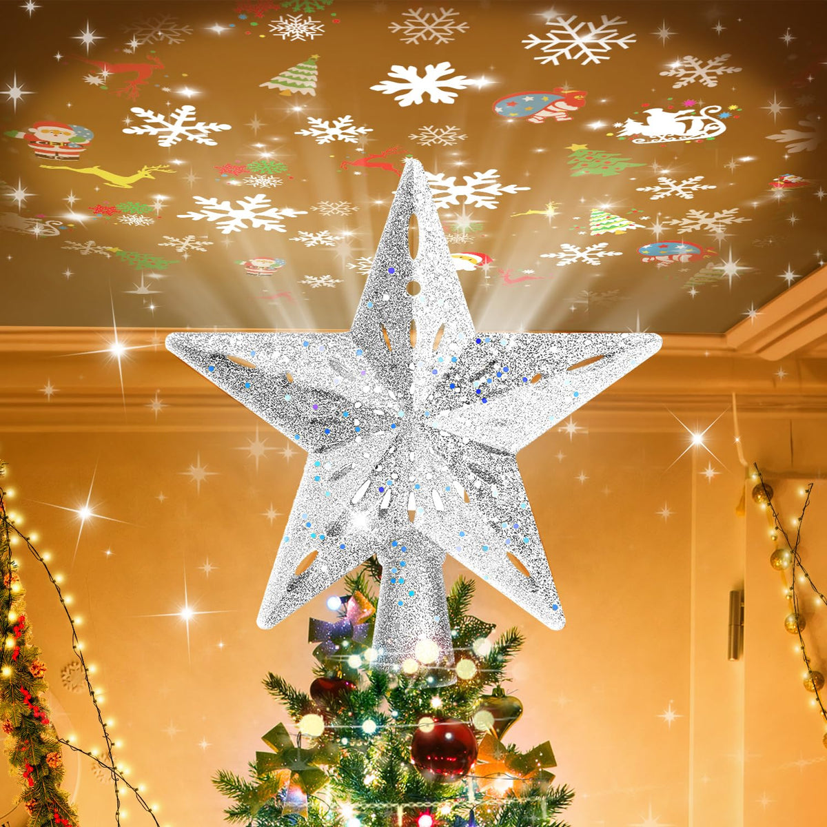 Mrrihand Christmas Tree Topper Lighted with 6 Projection Modes, Christ ...