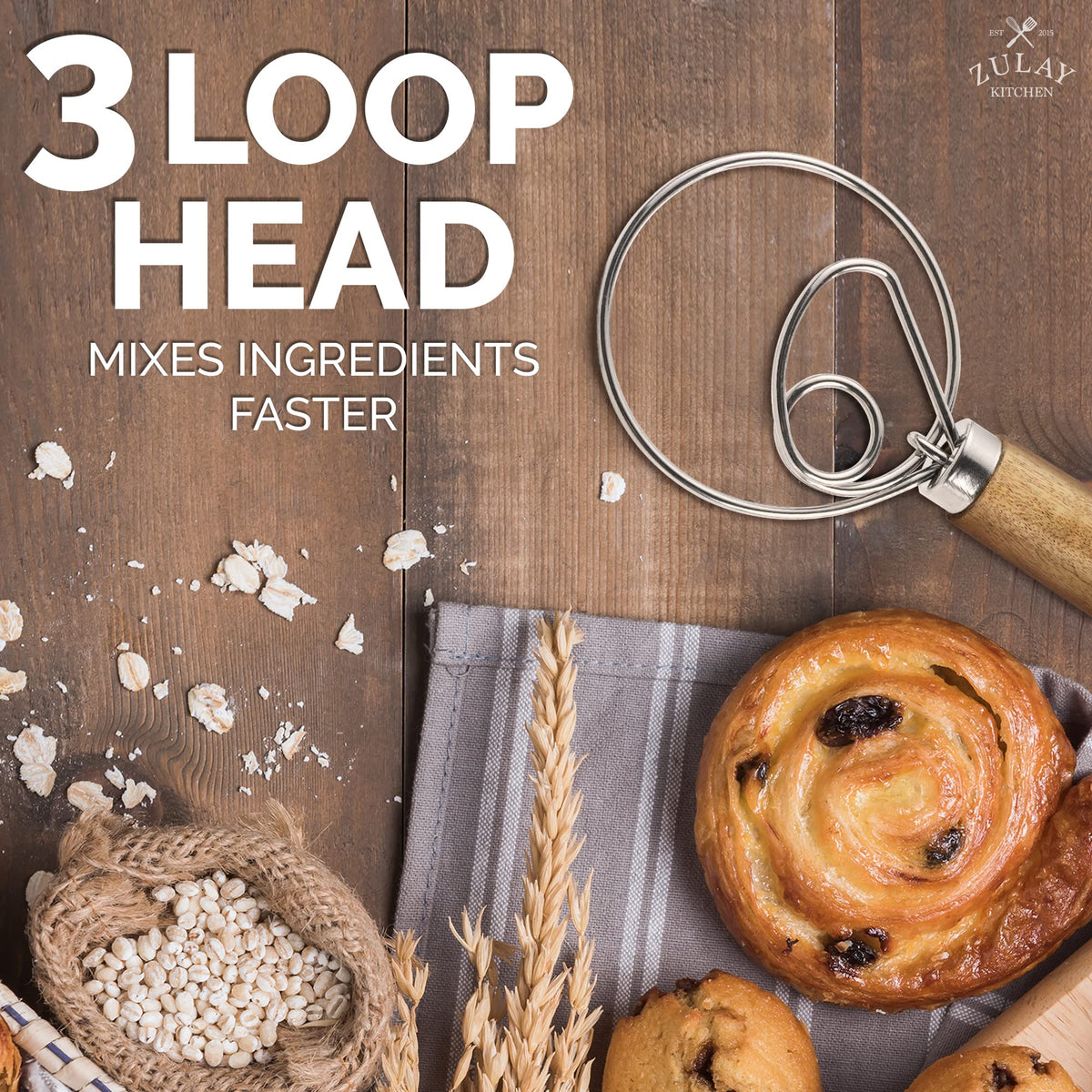 Zulay Kitchen 13 Inch Danish Dough Whisk - Large Wooden Danish Whisk F ...