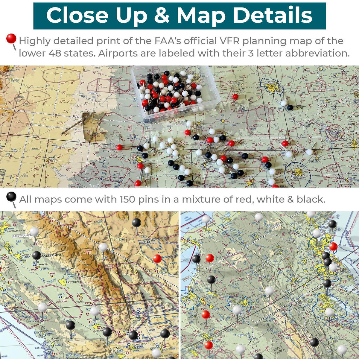 Personalized Usa Vfr Pinnable Pilot'S Map - Brown Frame - 27.5 Inches ...