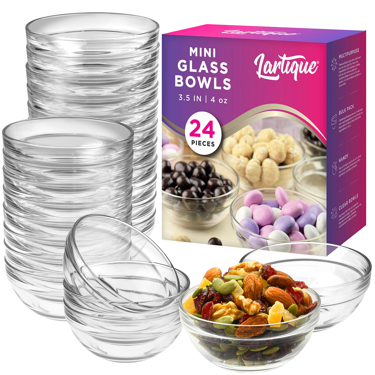 Lartique Mini 3.5 Inch Small Glass Bowls - Small Bowls Perfect for Pre ...