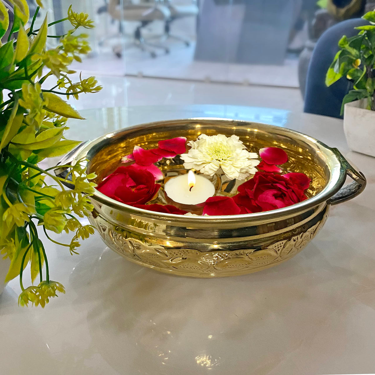 SATVIK Decorative 8 Inch Brass Urli Embossed For Floating Candles and ...