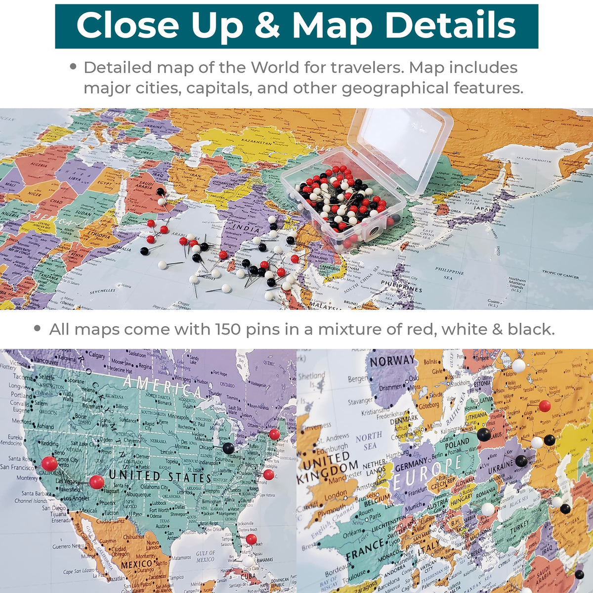 Push Pin Travel Maps Customizable Blue Oceans World Map 27.5"x39.5" Ru ...