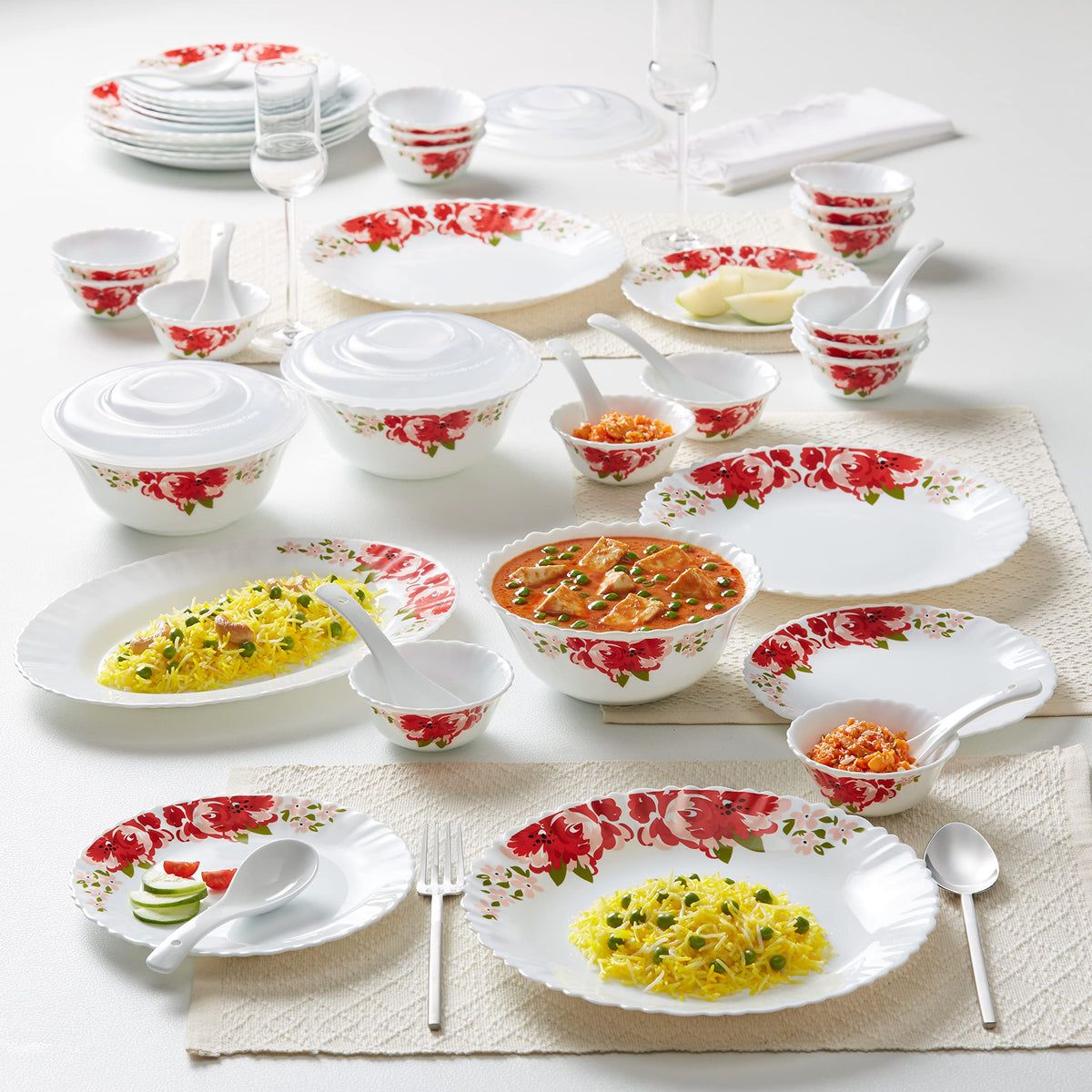 Borosil Gourmet Dinnerware Set For 6, 35 Pieces, White Dinner Plates a ...